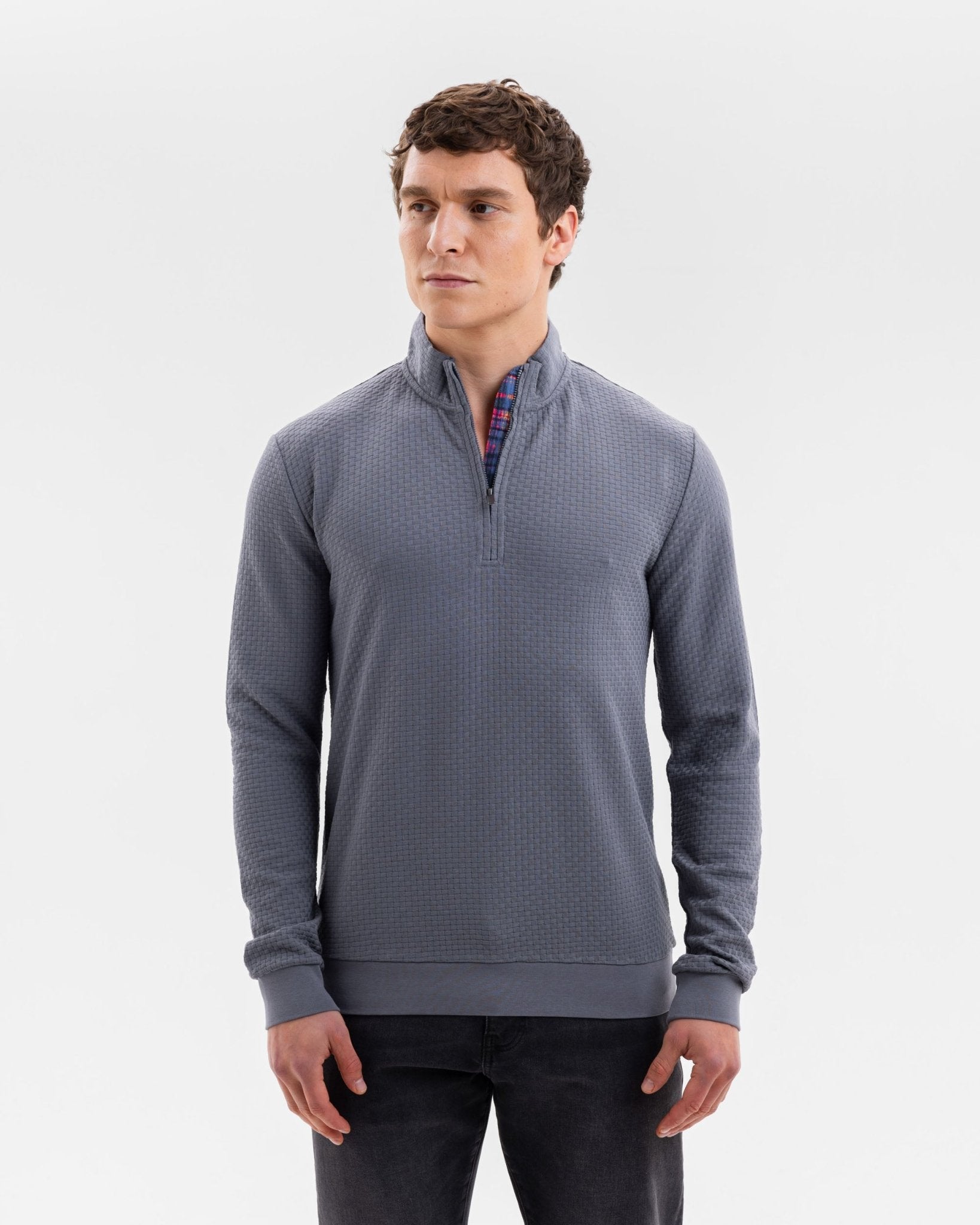 Grey Quarter Zip Jersey with Tartan Accents | Blake Mill